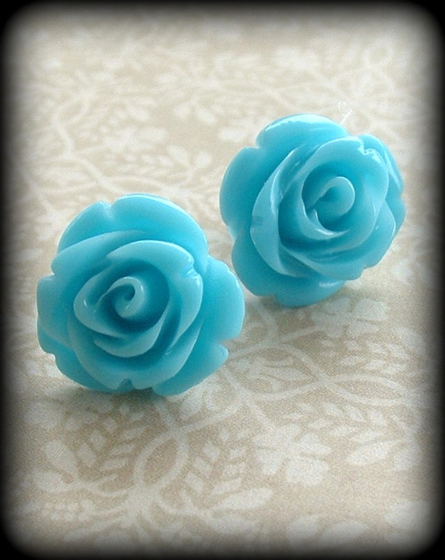 Turquoise Blue Rose Post Earrings. on Luulla